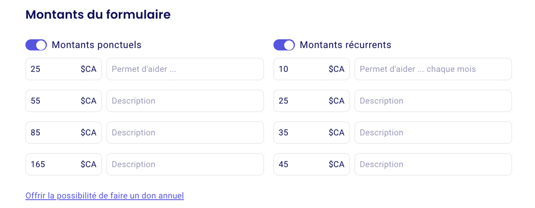 Mettre en place un formulaire pour recevoir des dons ponctuels et mensuels